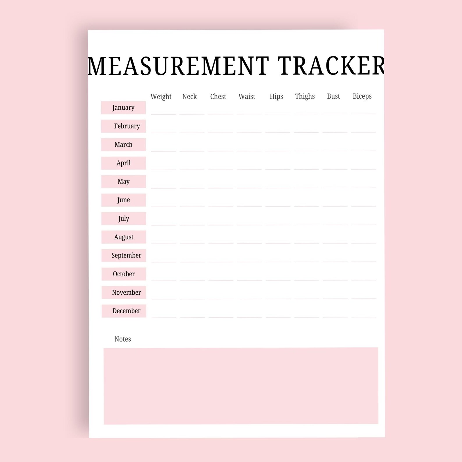 PRINTABLE MEASUREMENT TRACKER, Fillable Body Measurement Log, Fitness ...