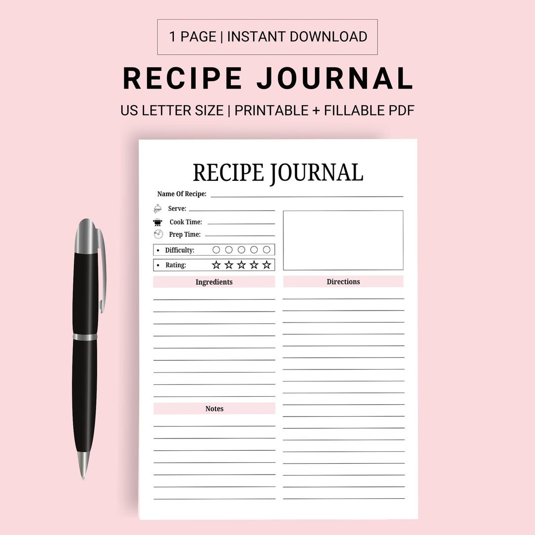 PRINTABLE RECIPE JOURNAL, Digital Recipe Planner Pdf, Fillable Recipe ...