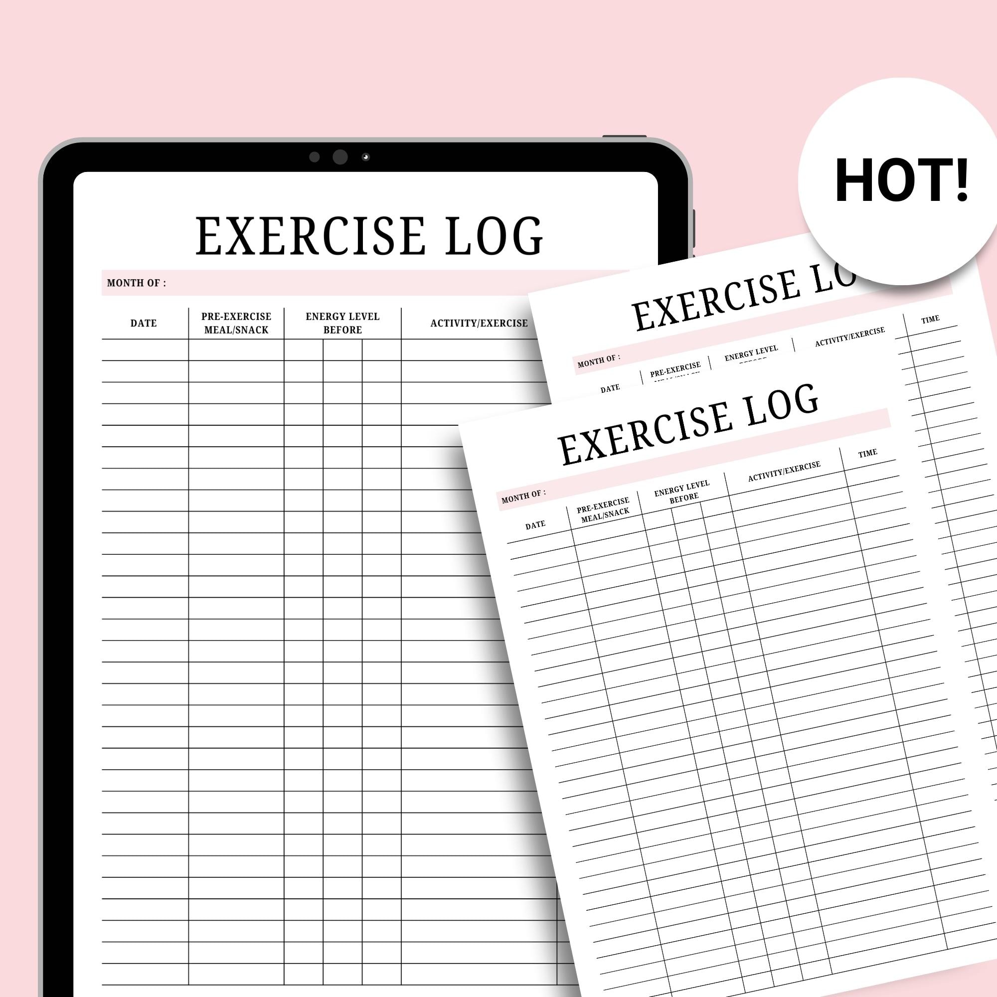 EXERCISE LOG TEMPLATE, Digital Fitness and Exercise Tracker, Fillable ...