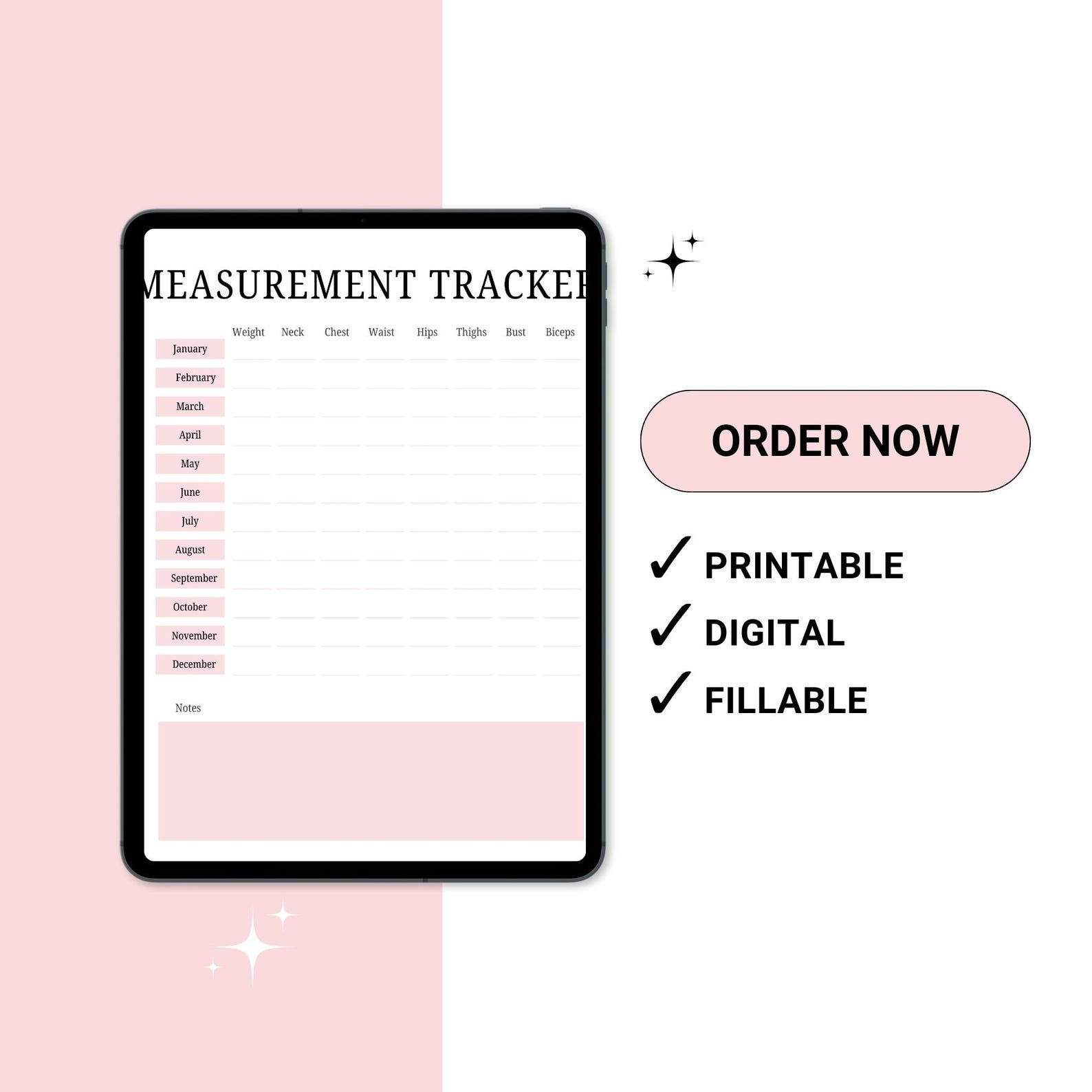 PRINTABLE MEASUREMENT TRACKER, Fillable Body Measurement Log, Fitness ...