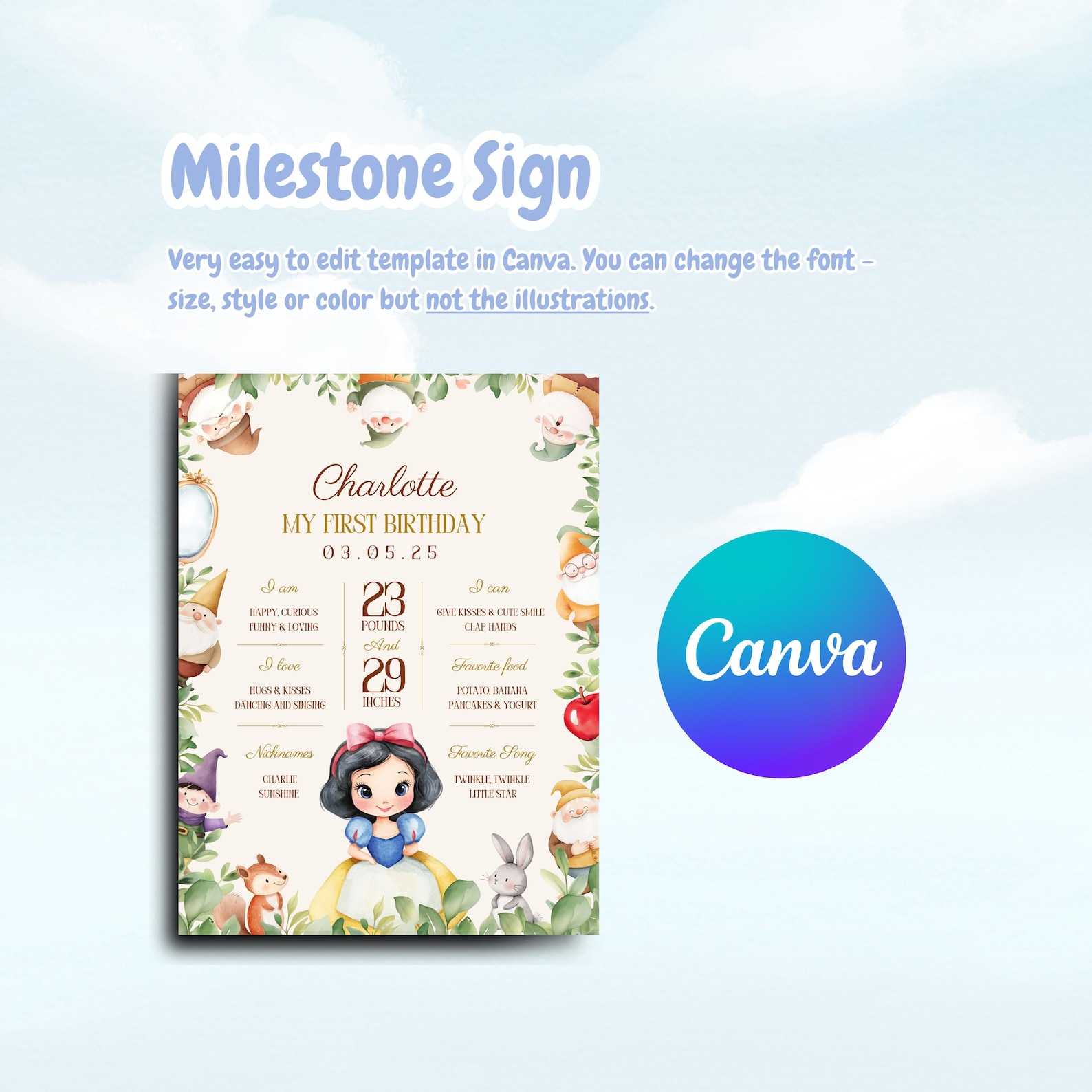 Snow White Birthday Milestone Sign, Editable Snow White Milestone ...