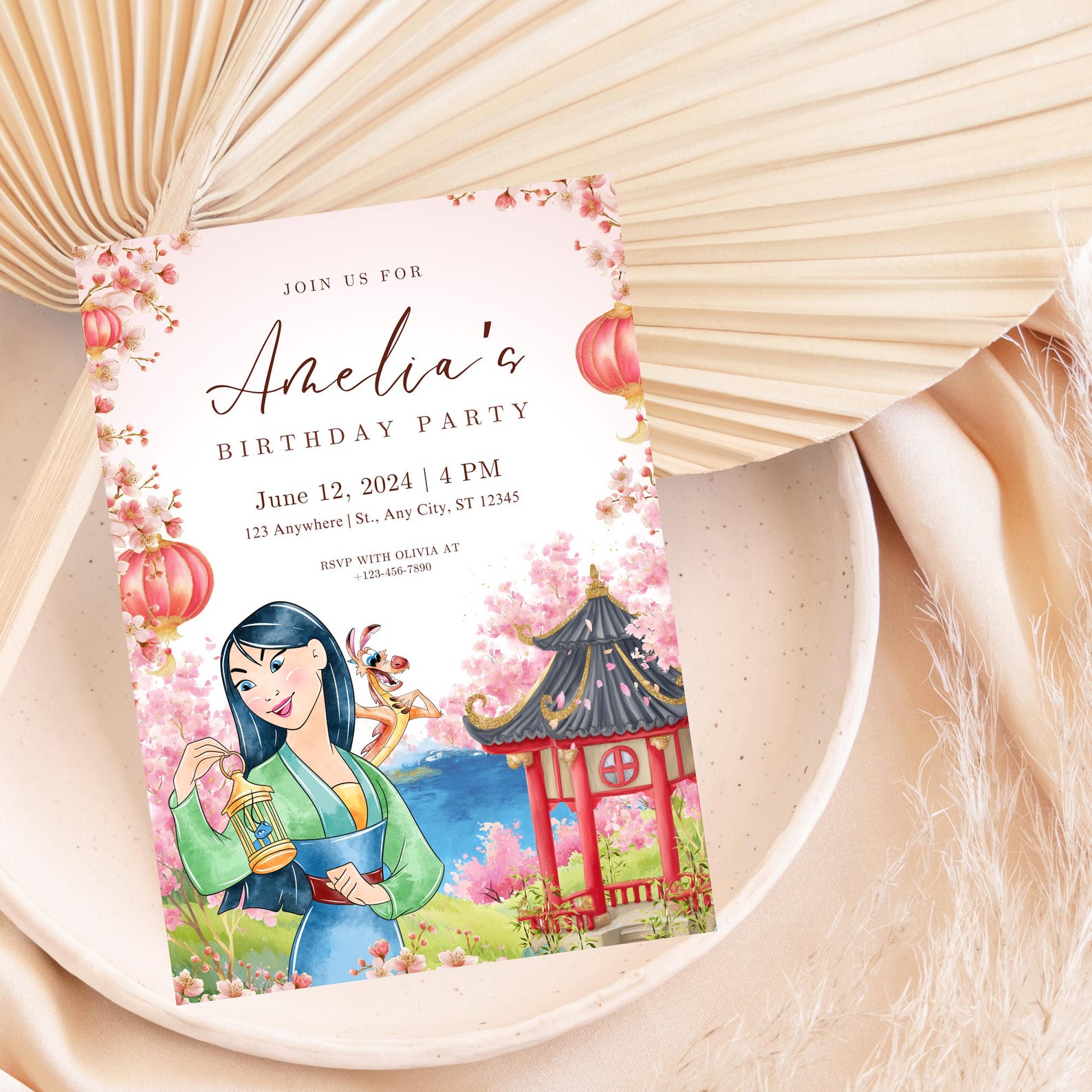 Mulan Personalized Kids Birthday Party Invitation, Editable Princess ...