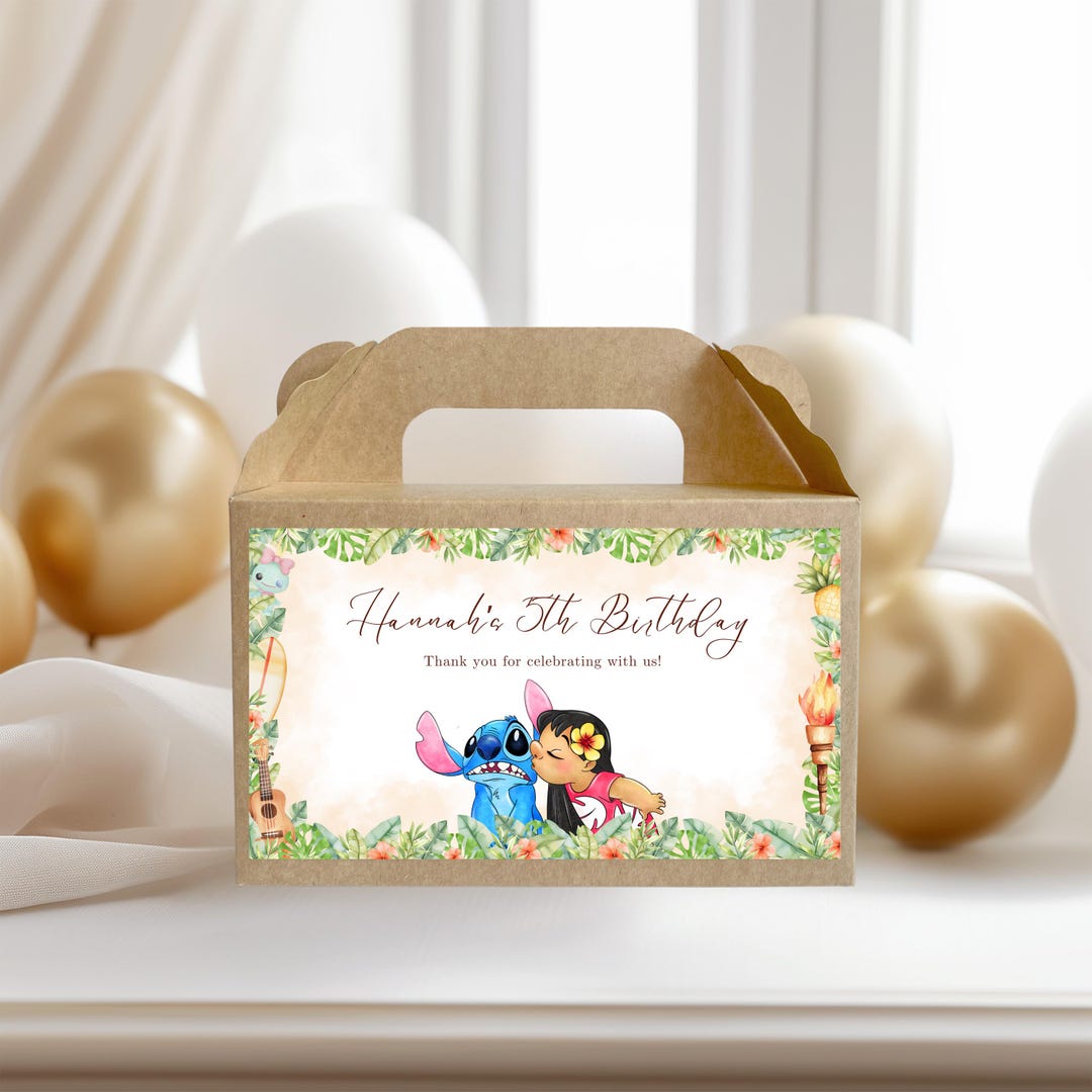 Lilo and Stitch Editable Birthday Party Favor Gable Box Label, Birthday ...