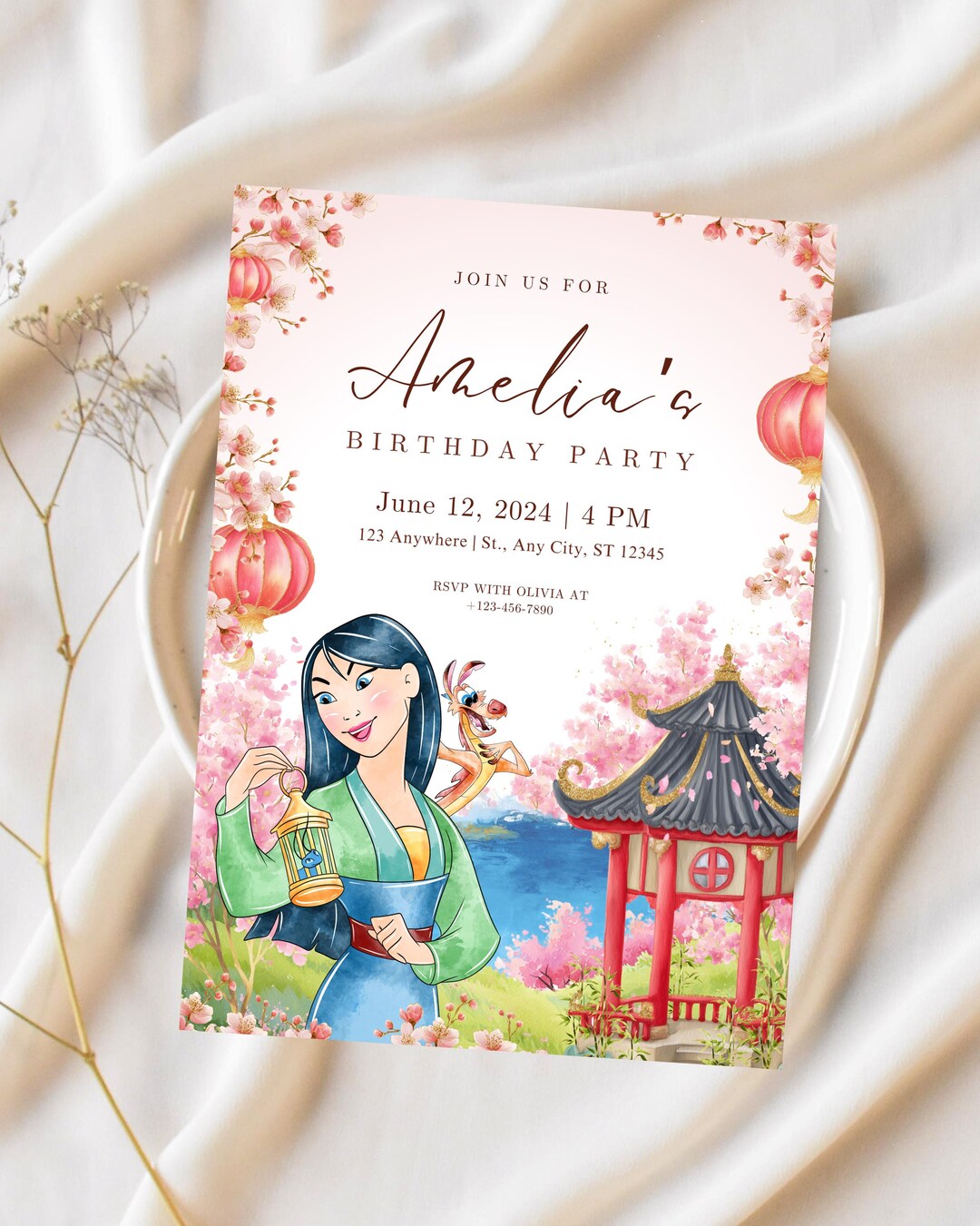 Mulan Personalized Kids Birthday Party Invitation, Editable Princess ...