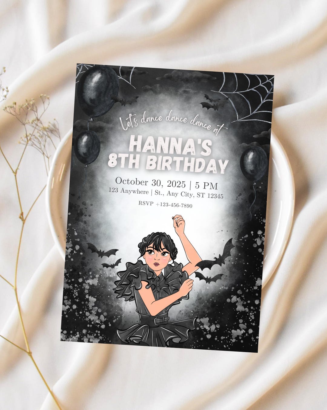 Wednesday Inspired Kids Birthday Party Invitation, Editable Wednesday ...