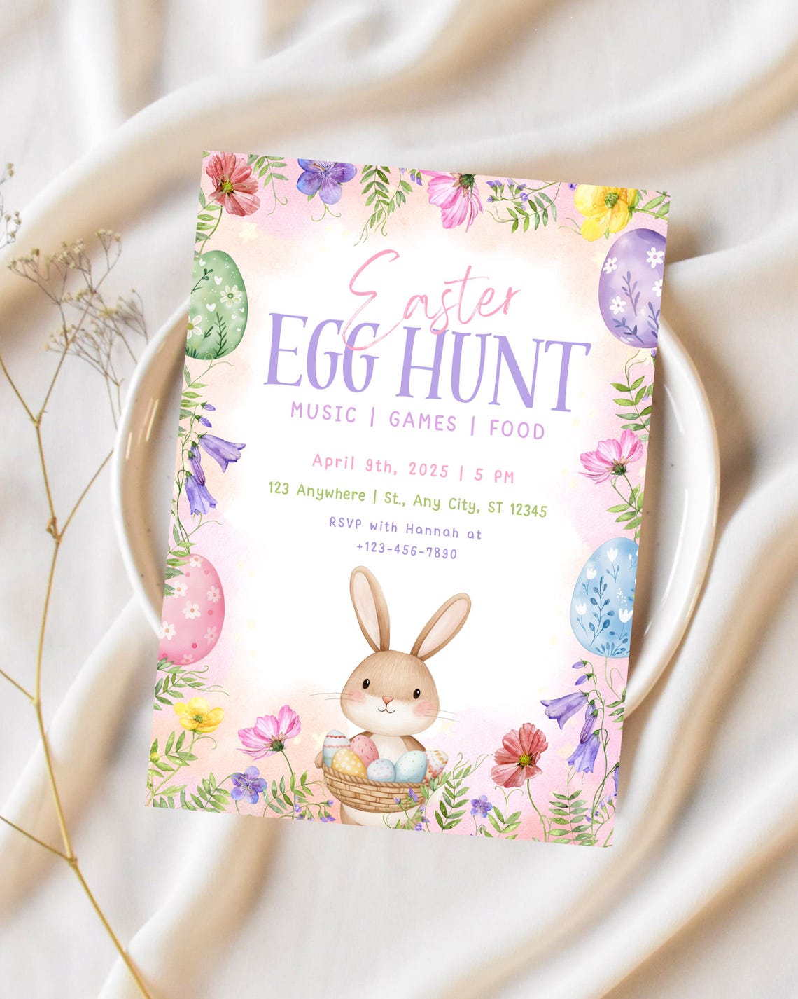 Editable Easter Egg Hunt Invitation Template, Floral Easter Party ...