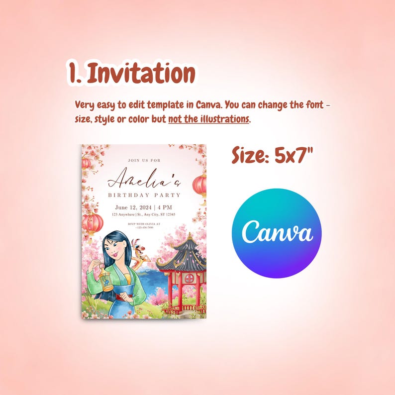 Mulan Personalized Kids Birthday Party Invitation, Editable Princess ...