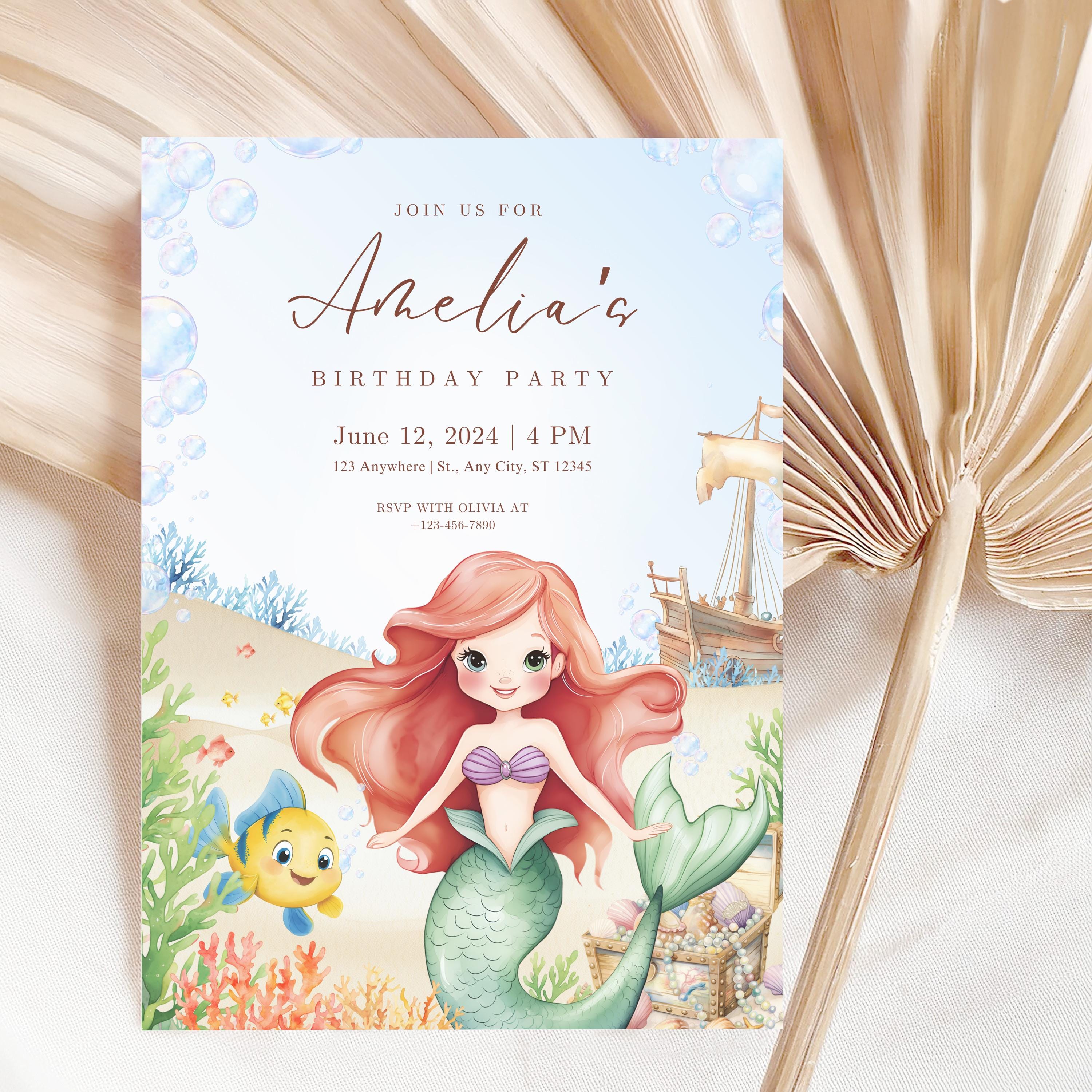 The Little Mermaid Kids Birthday Party Invitation, Princess Ariel ...