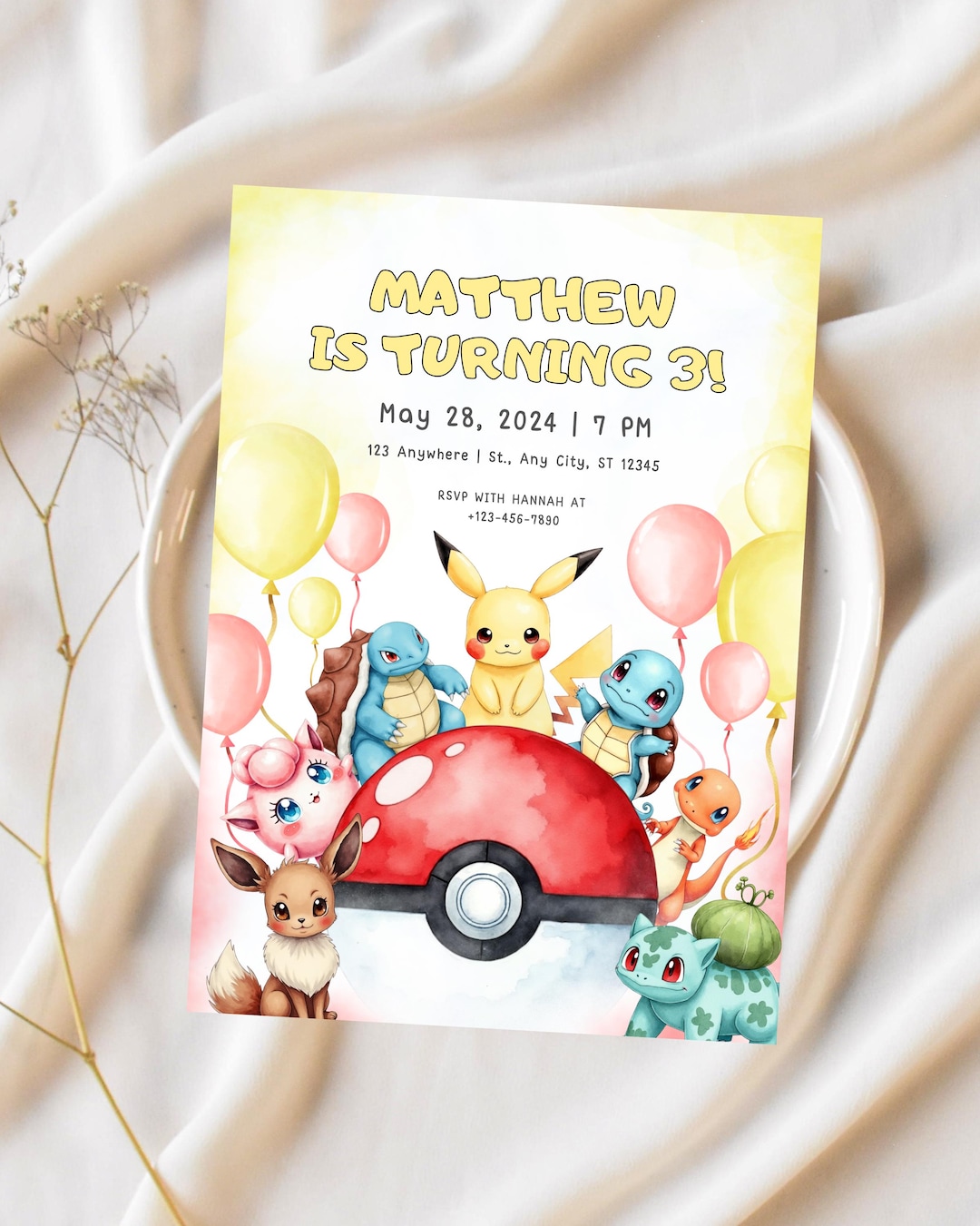 Editable Pokemon Kids Birthday Party Invitation, Pikachu Kids Party ...