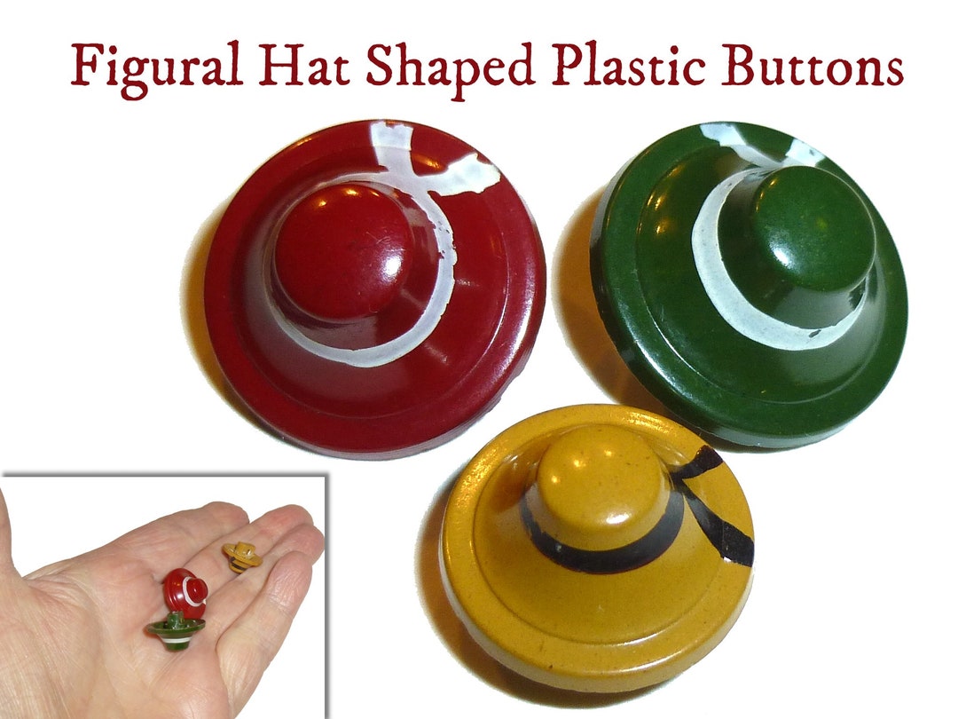 Three Tiny Buttons. Figural Hats. Plastic With Hand Painted ribbon ...