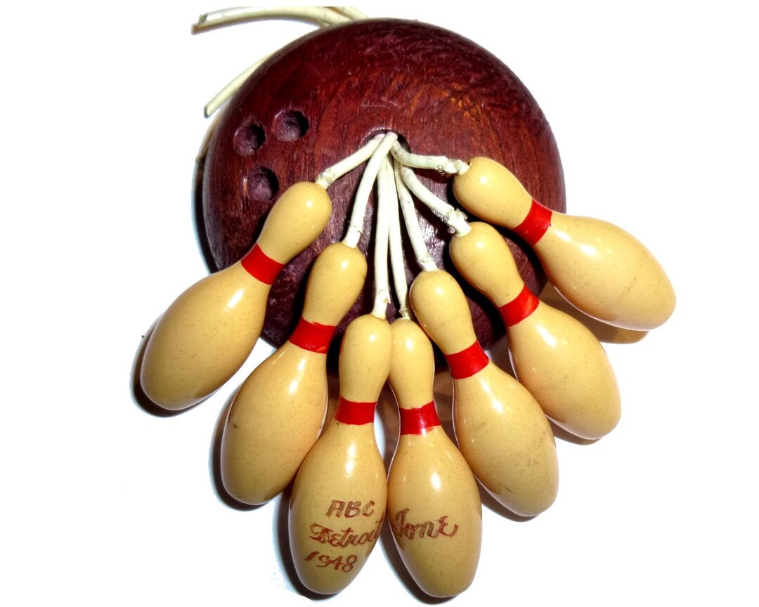 Vintage Bakelite Bowling Pin and Wood Bowling Ball Brooch. All Original ...