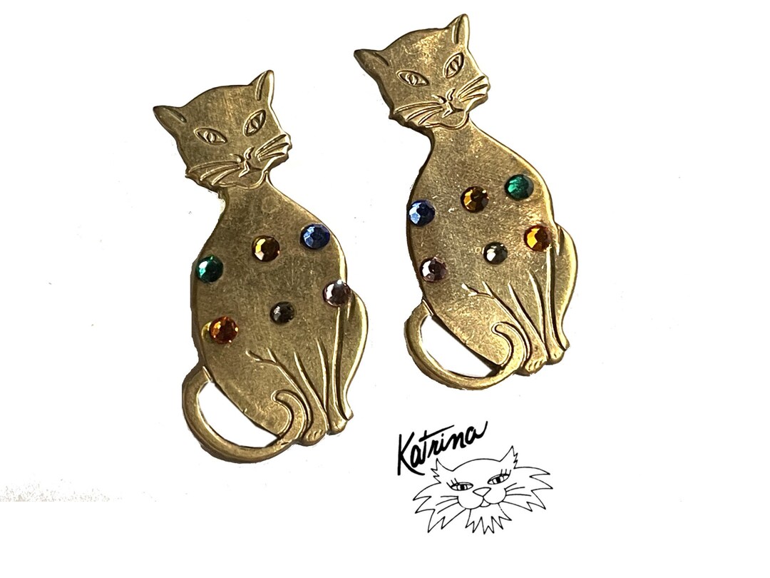 Vintage 1890s KATRINA Brand Figural Kitty Cat Earrings (posts). BONUS ...
