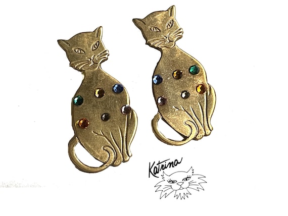Vintage 1890s KATRINA Brand Figural Kitty Cat Earring… - Gem