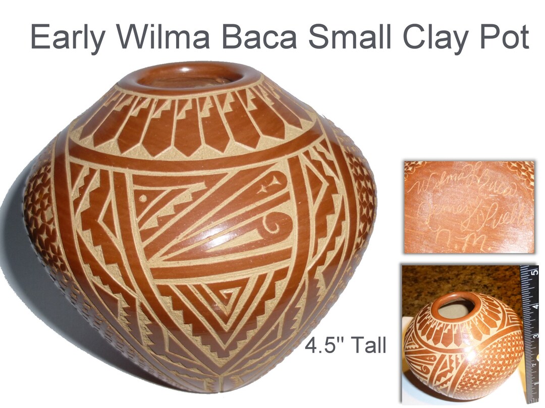Signed Wilma Baca Polished Red Clay Pot. Small Etched Pottery Vase From ...