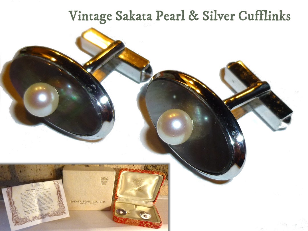 Vintage Sakata Pearl Cufflinks, Silver, Mid Century Japan, Original Box ...