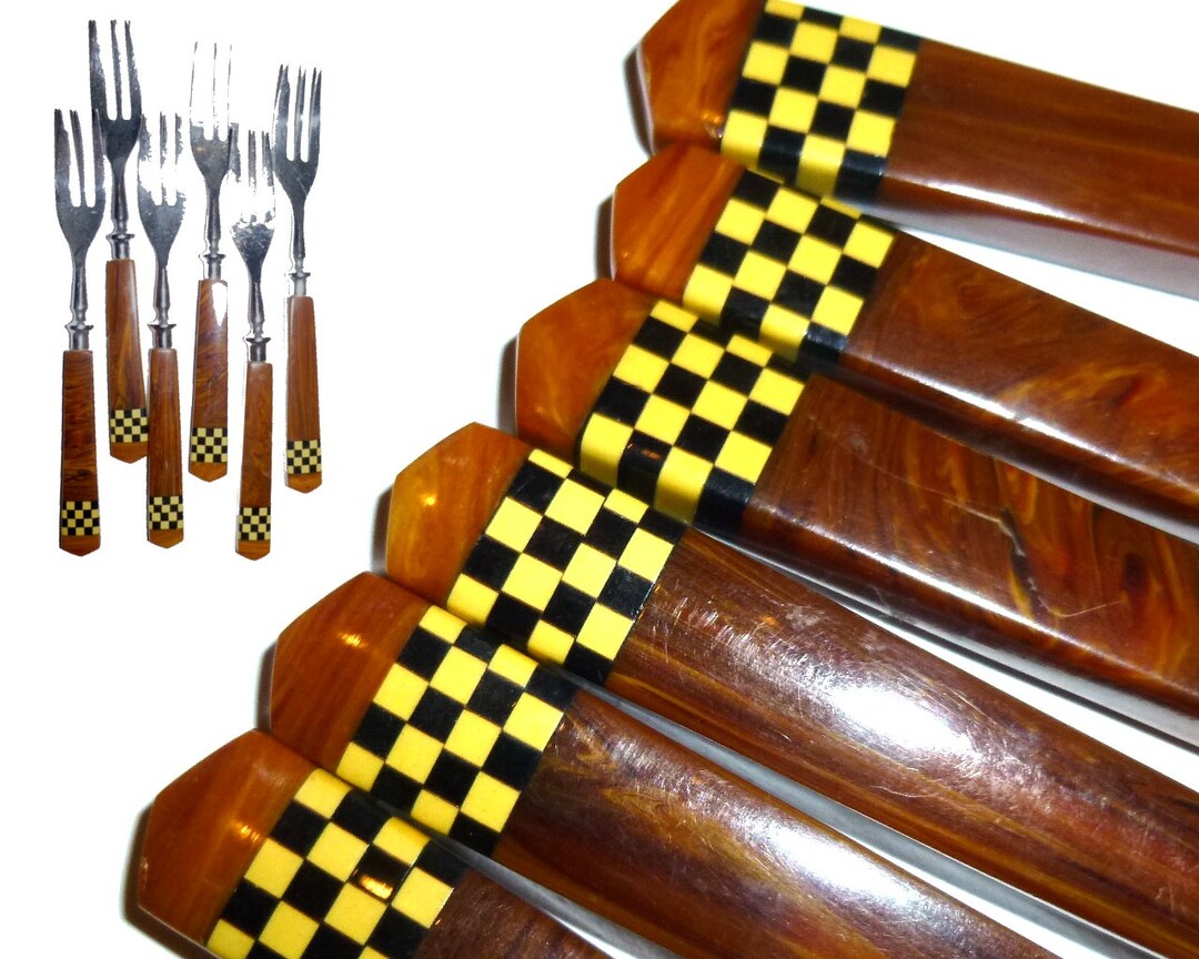 Checkerboard Bakelite Pastry Forks. Set of Six Forks. Marked GERMANY ...
