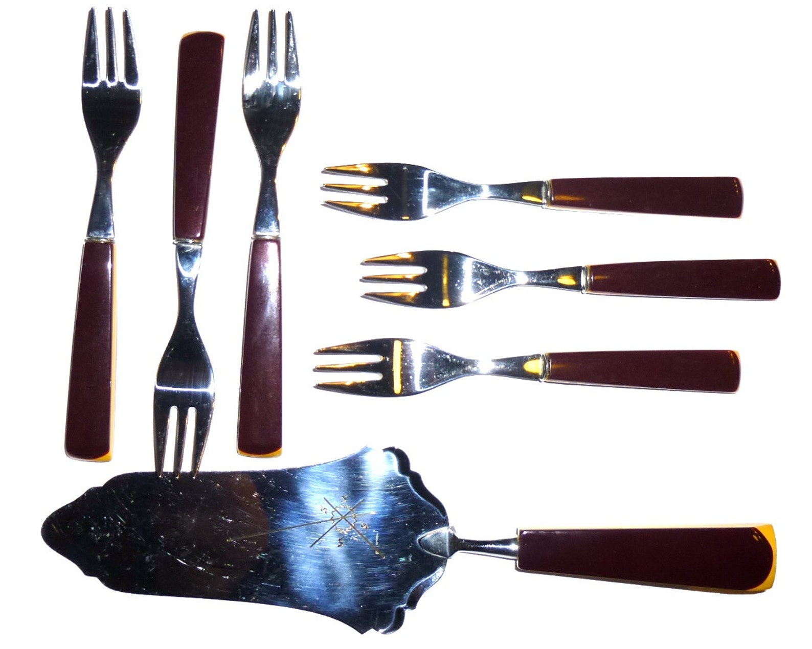 Two Tone Laminated Bakelite Pastry or Dessert Forks & Server. | Etsy