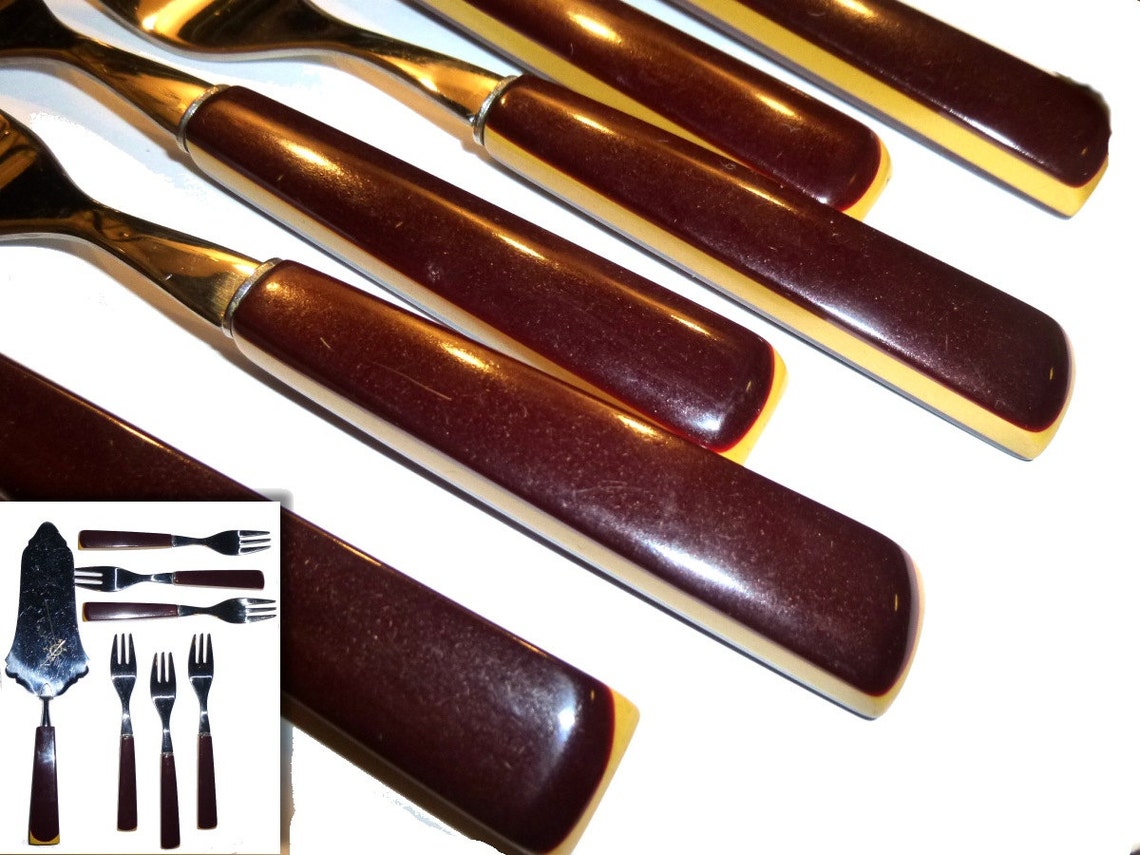 Two Tone Laminated Bakelite Pastry or Dessert Forks & Server. | Etsy