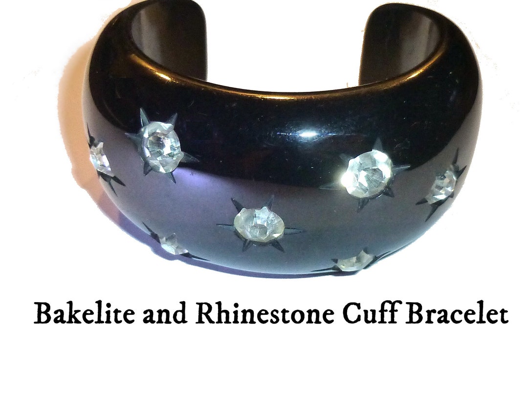 Bakelite Cuff Bracelet. Thick & Black, With Blingy Rhinestones. Vintage ...