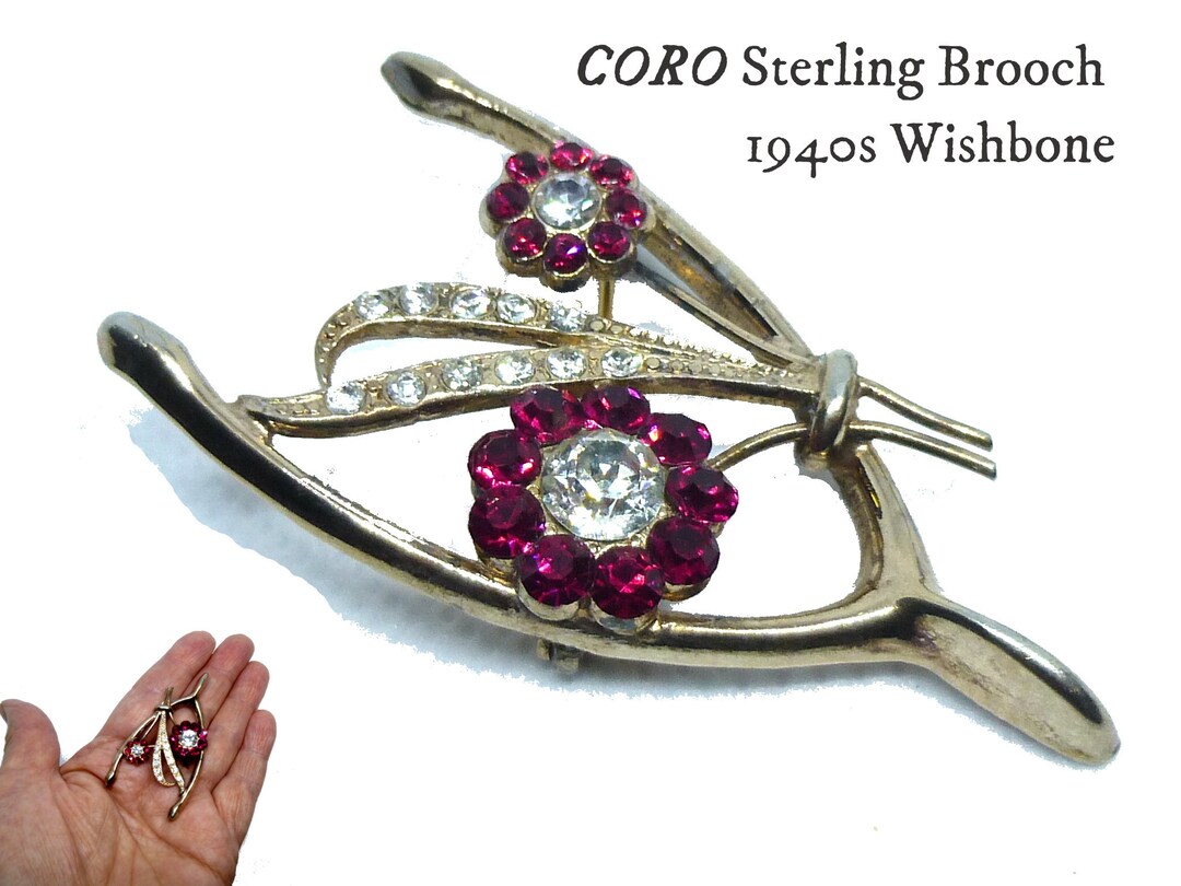Coro Sterling Silver Wishbone Brooch. 1940s Gold Wash Over Silver. Red ...
