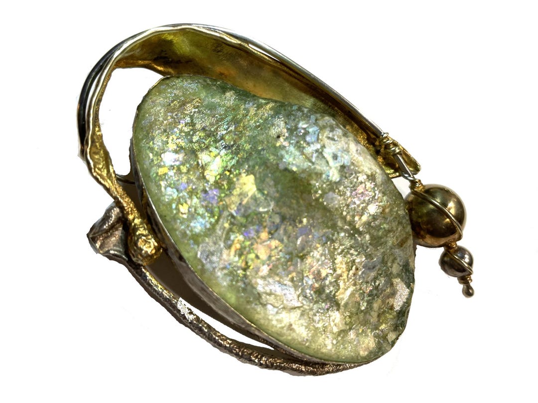 Vintage Avi Soffer Brutalist Sterling Silver Roman Glass Brooch Pendant ...