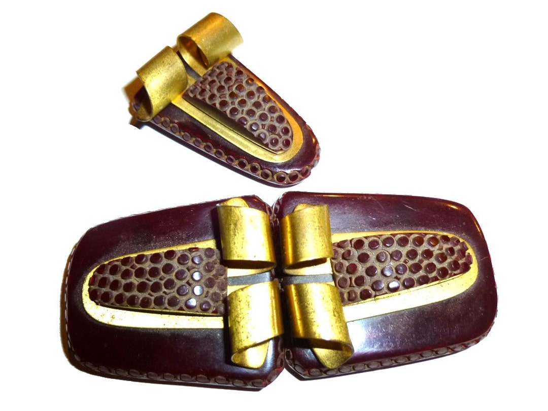 Bakelite Belt Buckle and Clip Set. 1930s. Brass Accents and Heavily ...