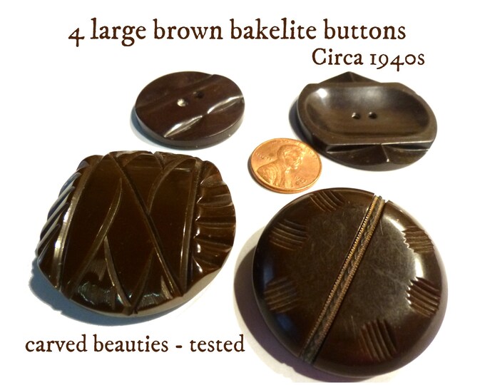 4 Large Brown Bakelite Buttons. Different Styles, Carved. Circa 1940s ...
