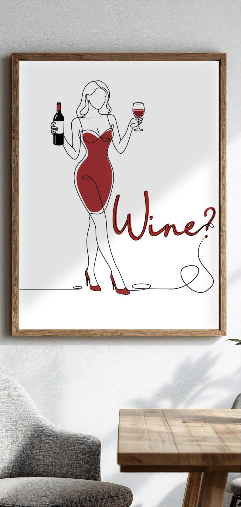 Arte de parede desenhada à mão, pôster digital de mulher e vinho, mural ...