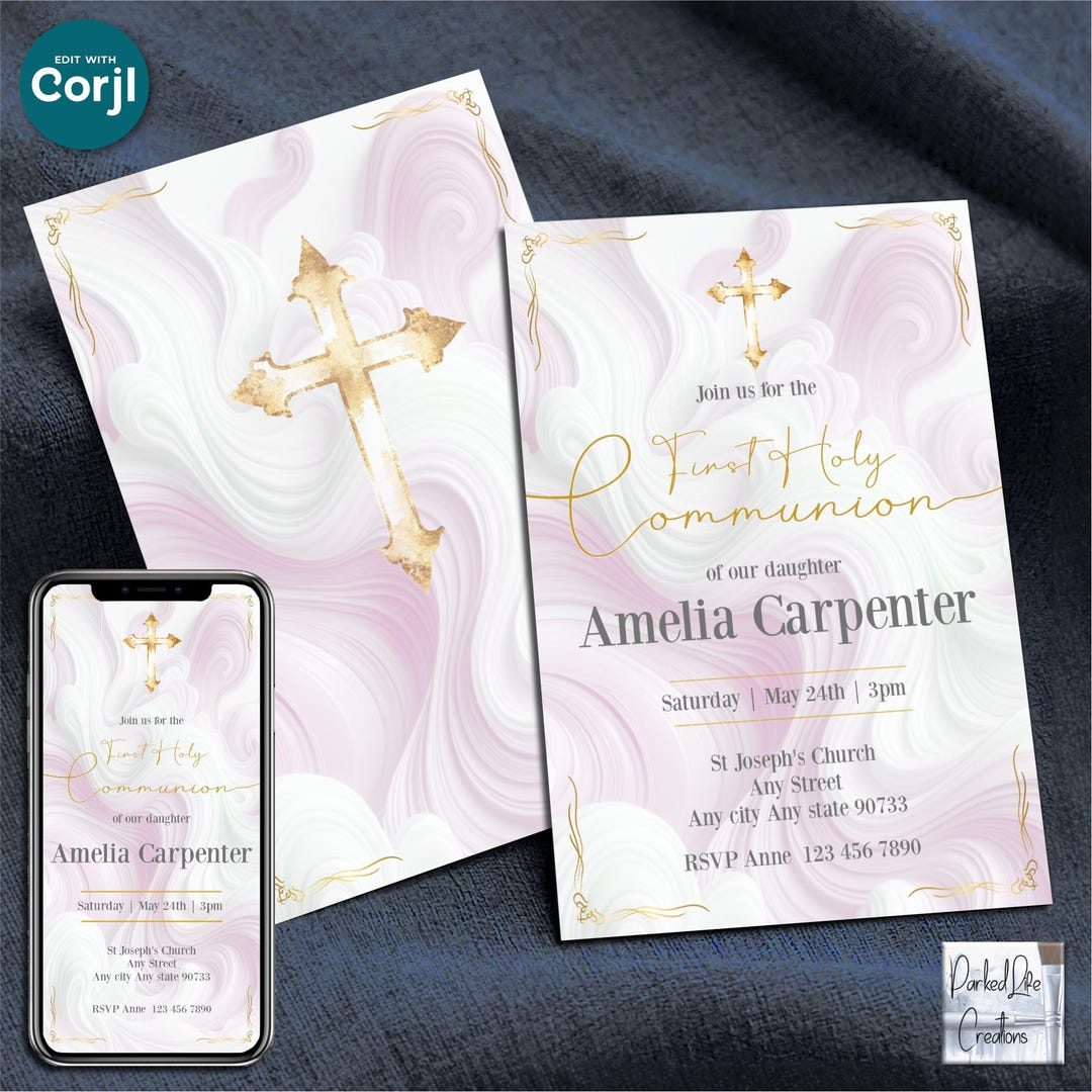 Editable Pink First Holy Communion Invitation Template, Girl Communion ...