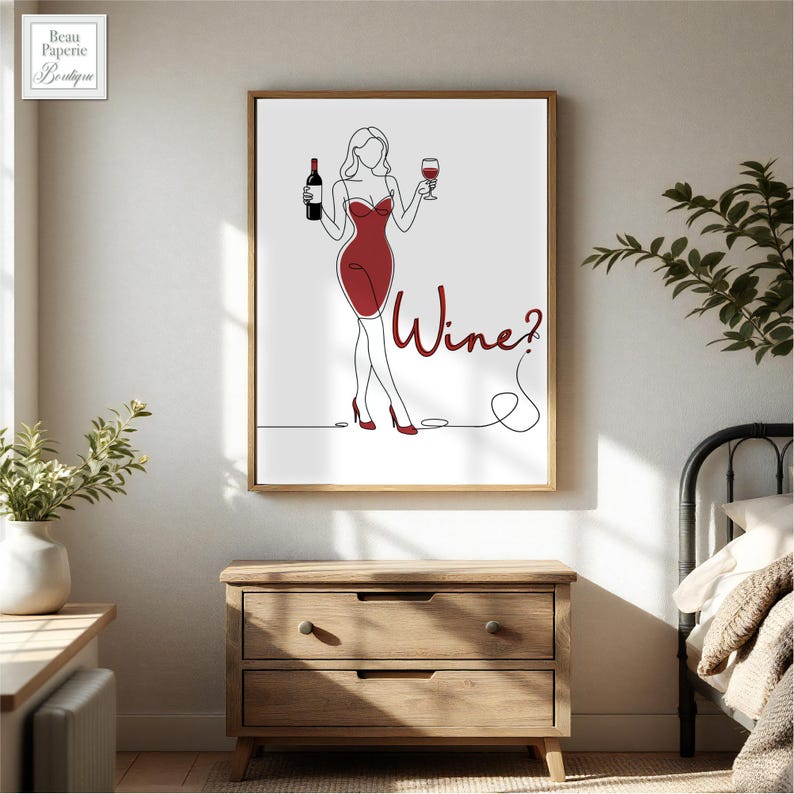 Arte de parede desenhada à mão, pôster digital de mulher e vinho, mural ...