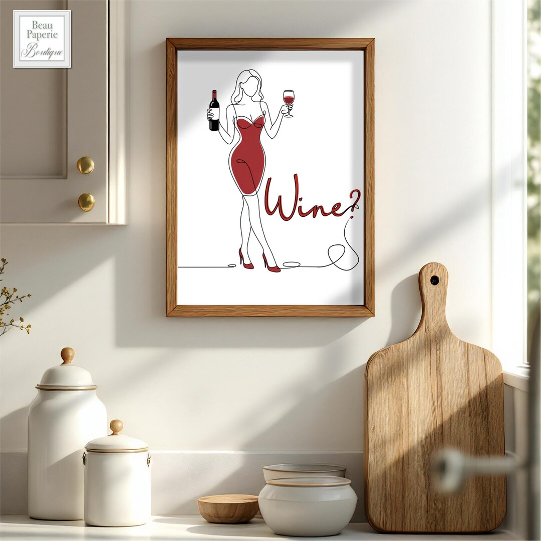 Arte de parede desenhada à mão, pôster digital de mulher e vinho, mural ...