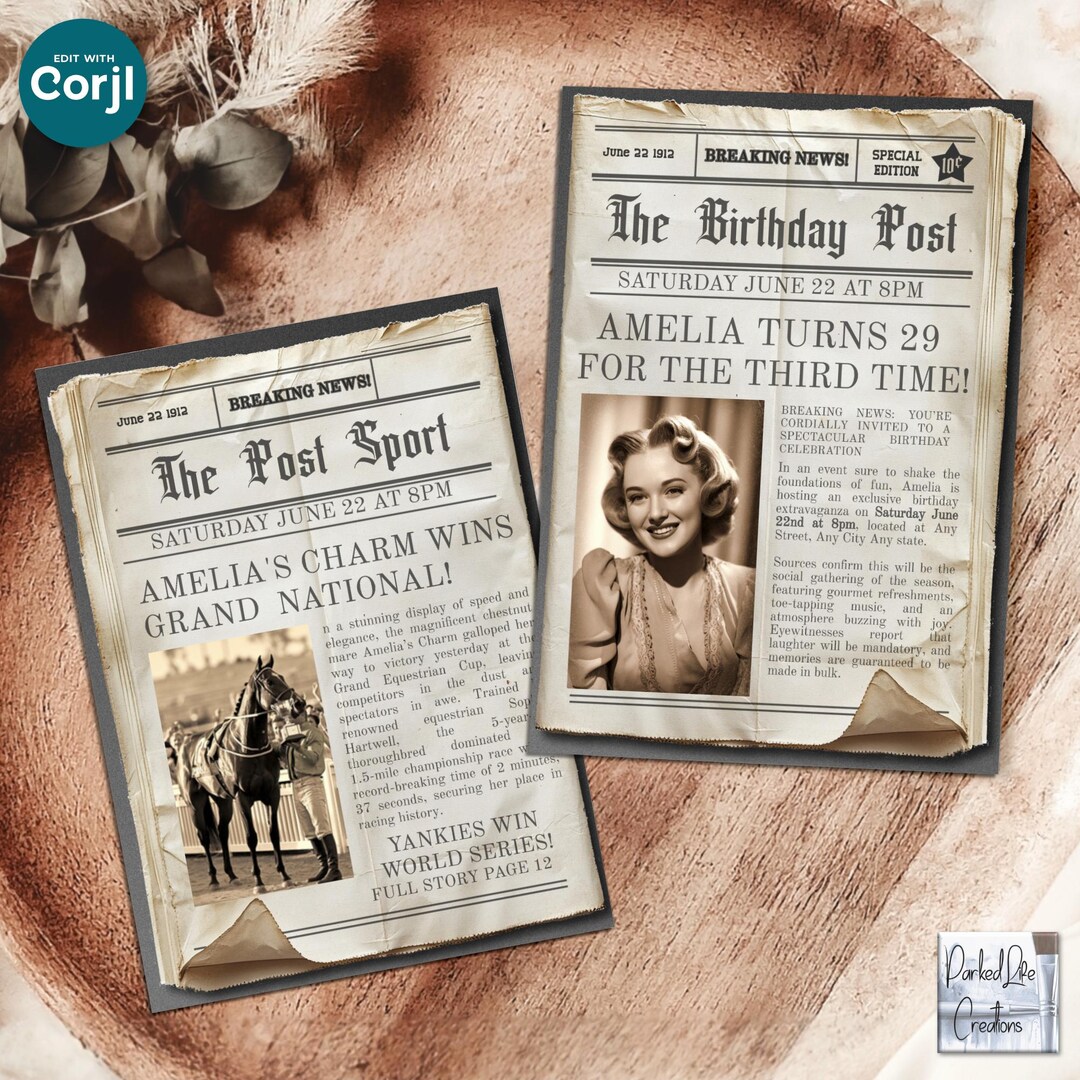Vintage Newspaper Birthday Invitation Template, Birthday Newspaper ...