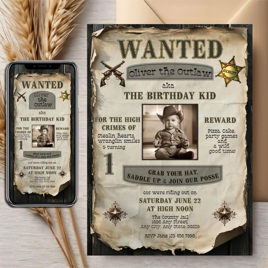 Editable Wanted Poster With Photo, Boys First Birthday Invite, Wild ...