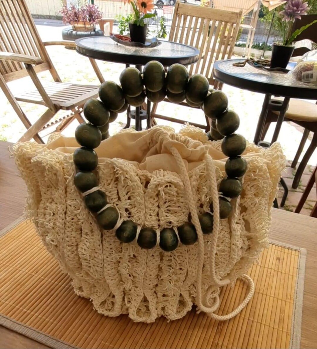 Handmade Knitted Crochet Bag: Chic Mussel Bag With Wooden Beads - Etsy