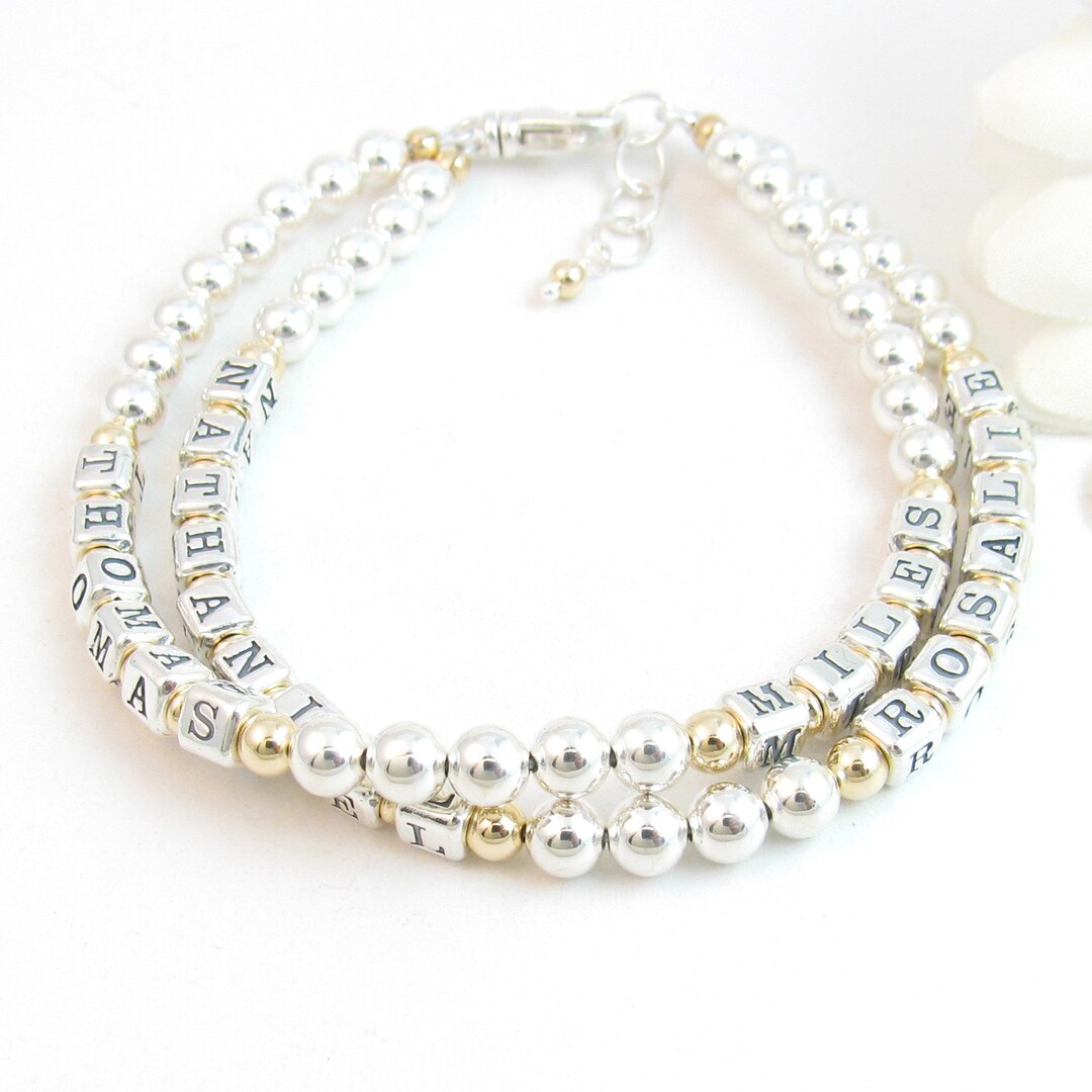 Gold & Silver Beaded Bracelet W/ 3, 4 or 5 Names, Multi-name Jewelry ...