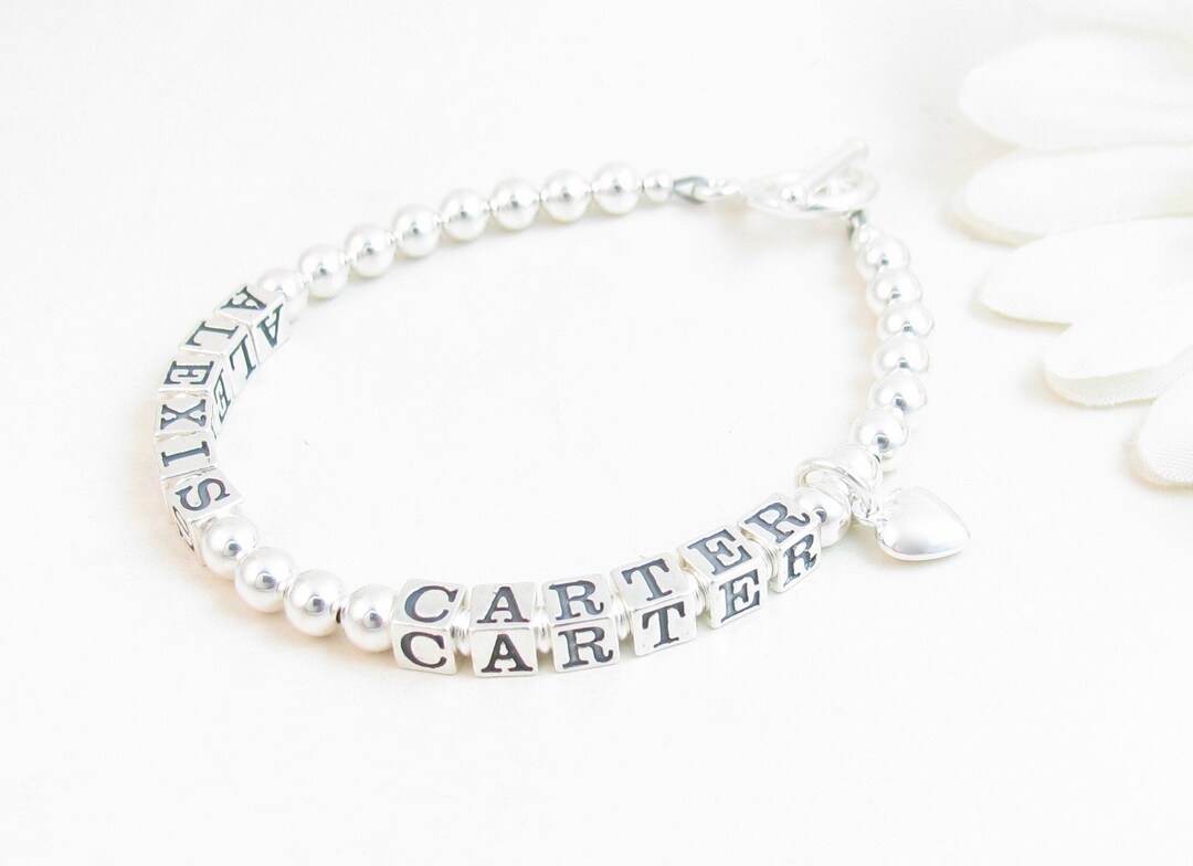 Sterling Silver Bracelet W/ Two Names, Personalized Beaded W/ 2 Kids ...