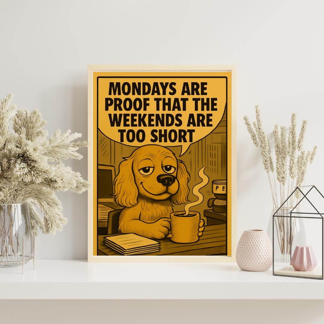 Funny Monday Dog Office Cartoon – Weekend Too Short Coffee Art Print - Etsy