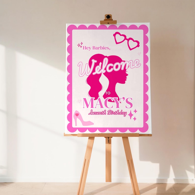Barbi Fashion Doll Hot Pink Birthday Party Welcome Sign, Editable Canva ...