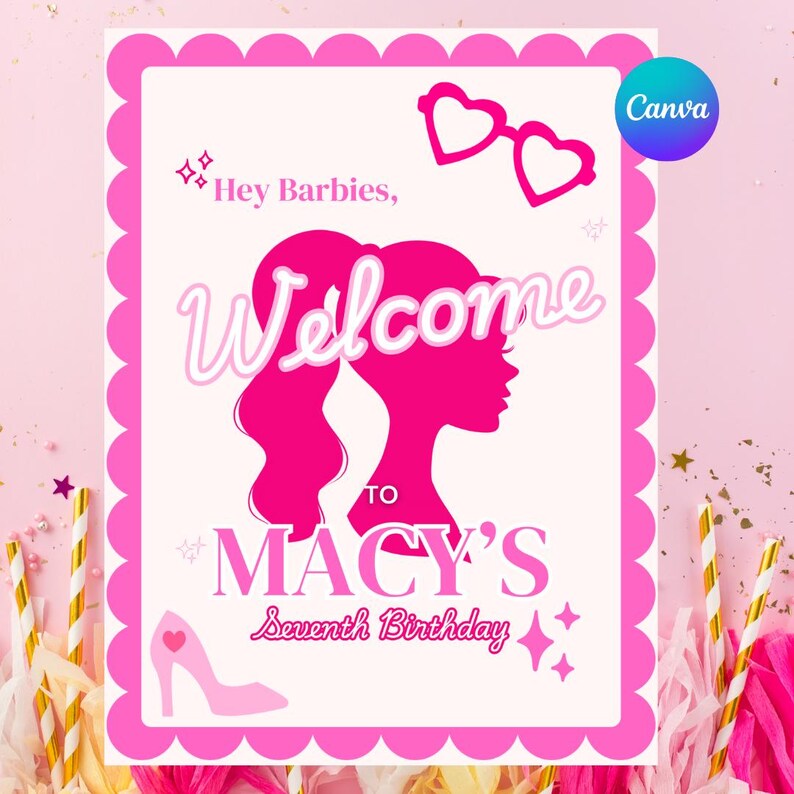 Barbi Fashion Doll Hot Pink Birthday Party Welcome Sign, Editable Canva ...