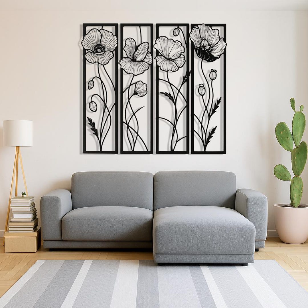 Poppy Flower Metal Wall Art Set of 4 | Botanical Floral Metal Decor ...