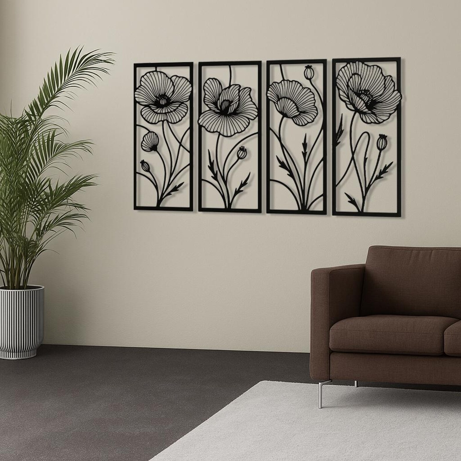 Floral Metal Wall Art Set of 4, Black Botanical Wall Decor, Poppy ...