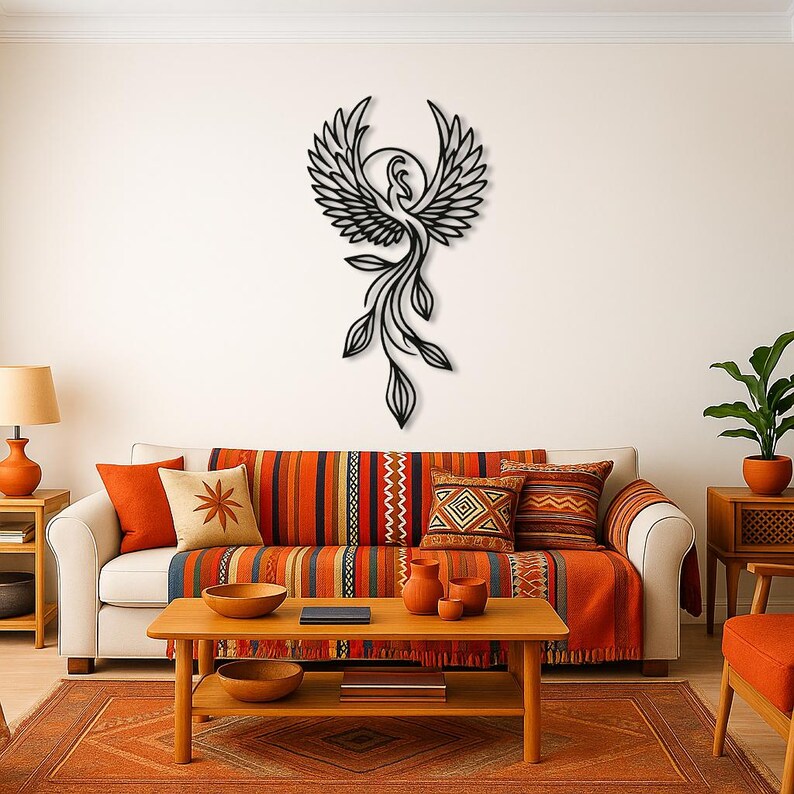 Phoenix Metal Wall Art, Minimalist Firebird Line Art, Modern Black Wall ...