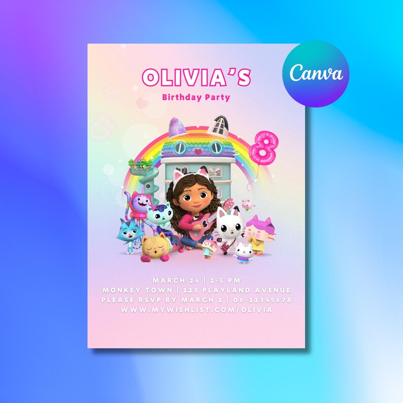 Gabby's Dollhouse Birthday Invitation, Canva Editable Template for ...