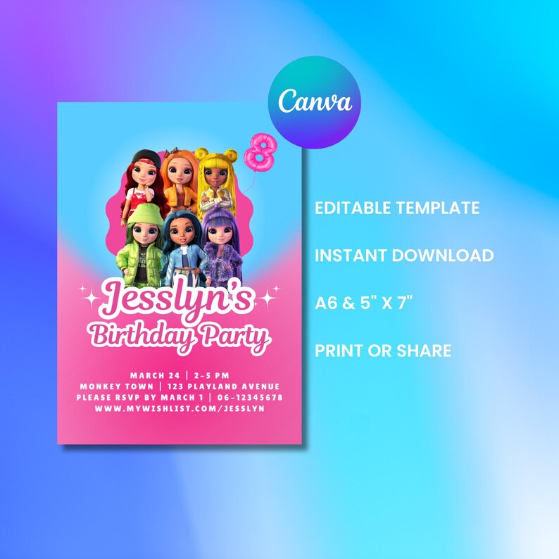 Rainbow High Birthday Invitation, Canva Editable Template for Print or ...