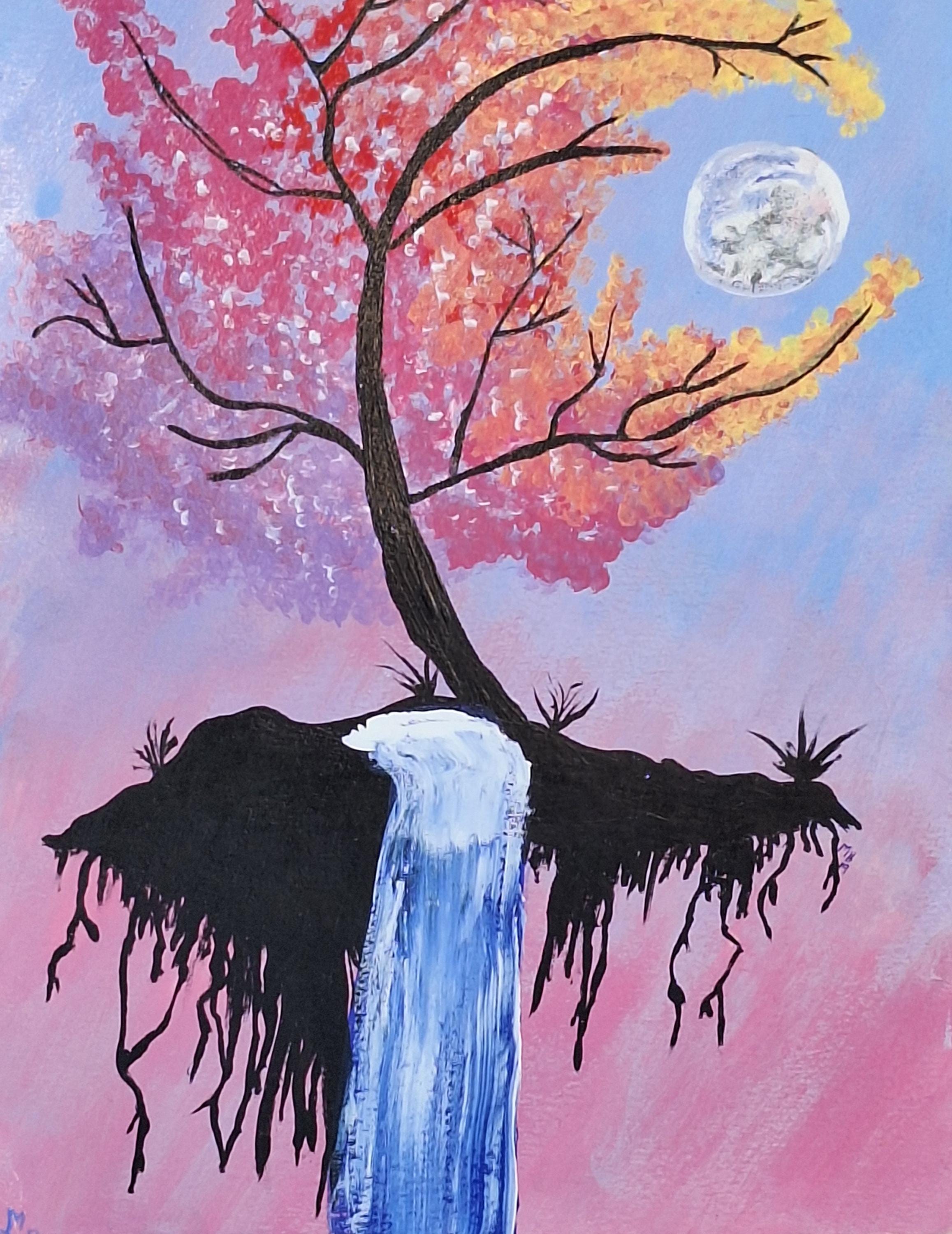 11x14, Colorful Floating Island With Waterfall, Syfy Scene, Full Moon ...