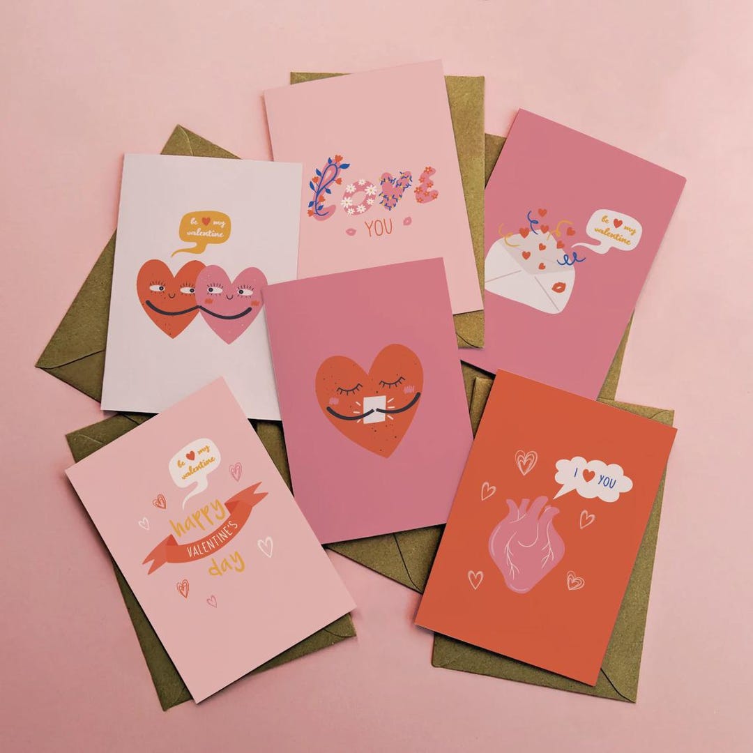 6x Simple Valentines Day Card Set, Minimalist Style, Happy Valentines ...