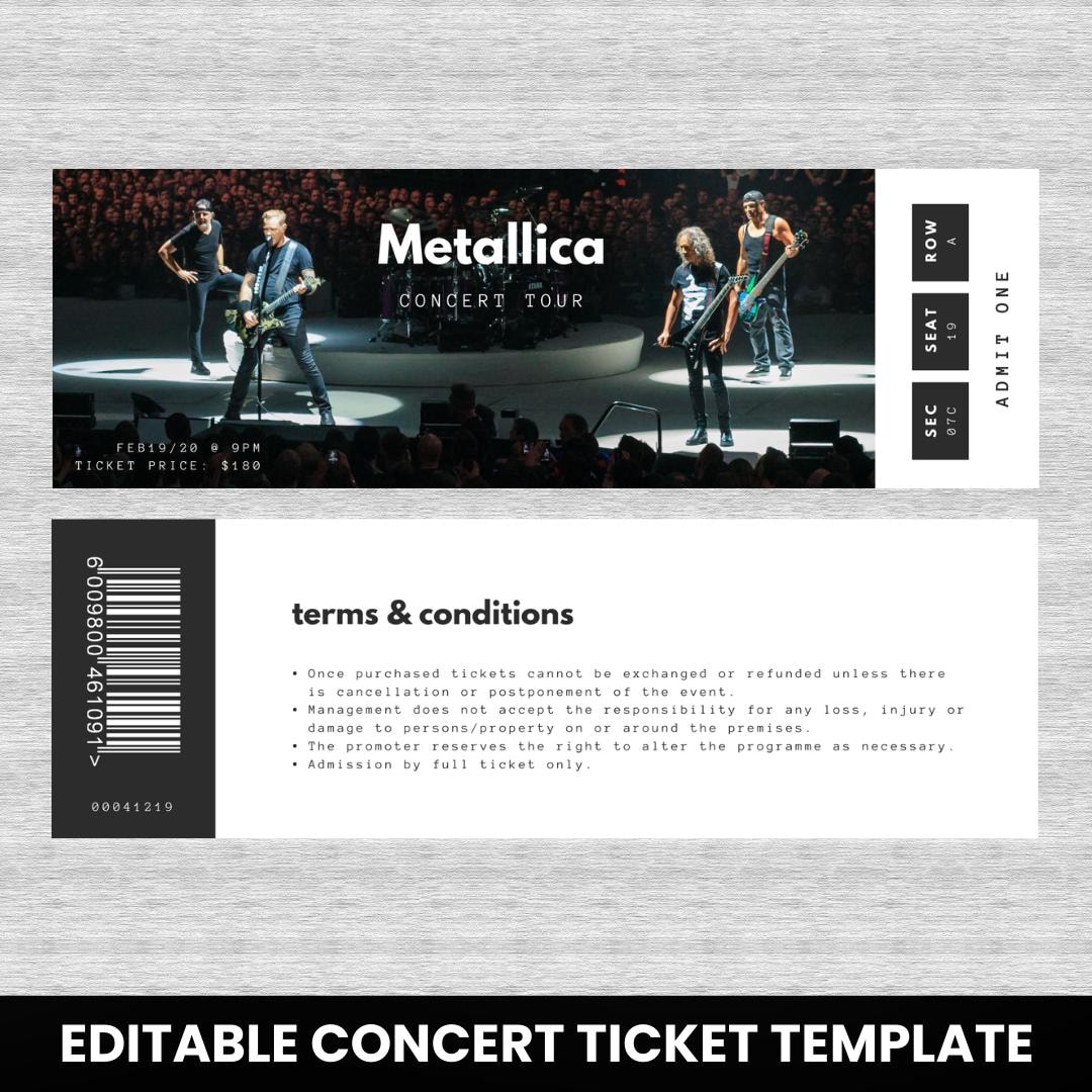 Editable Fake Concert Ticket Canva Template, Printable Concert Tickets ...