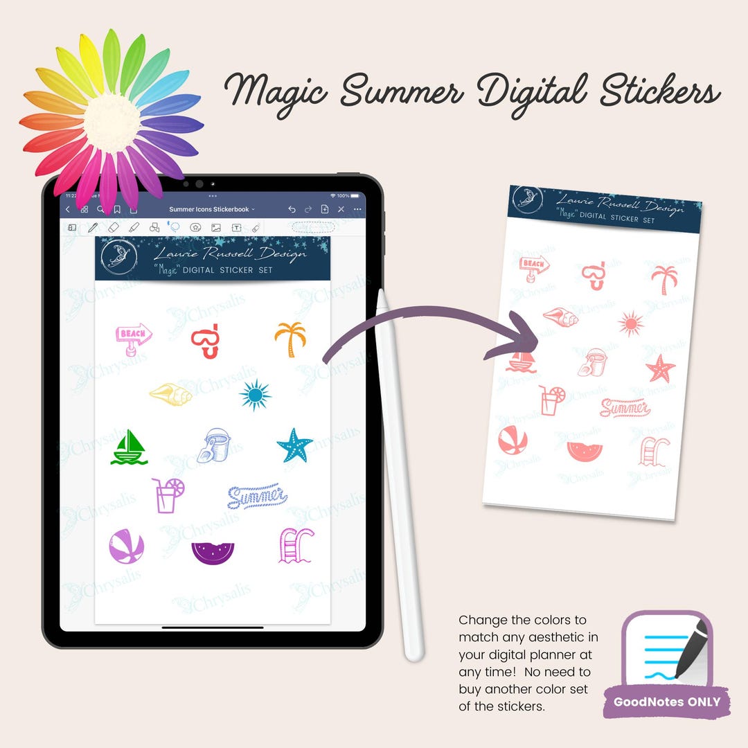 MAGIC Summer Icons Digital Sticker Set - 13 Stickers Color-editable for ...