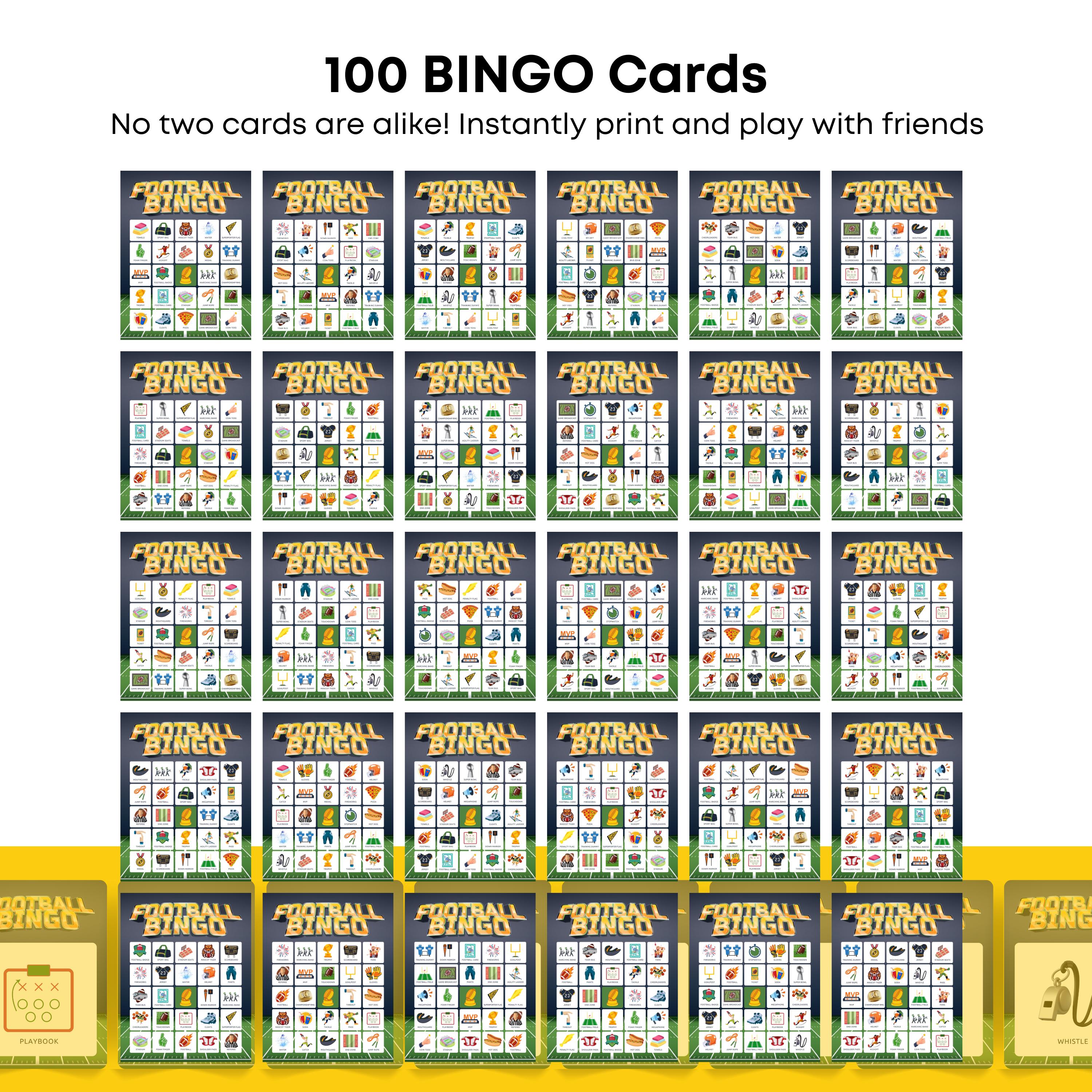 Printable Football Bingo Game | 100 Unique Cards + 54 Calling Cards ...