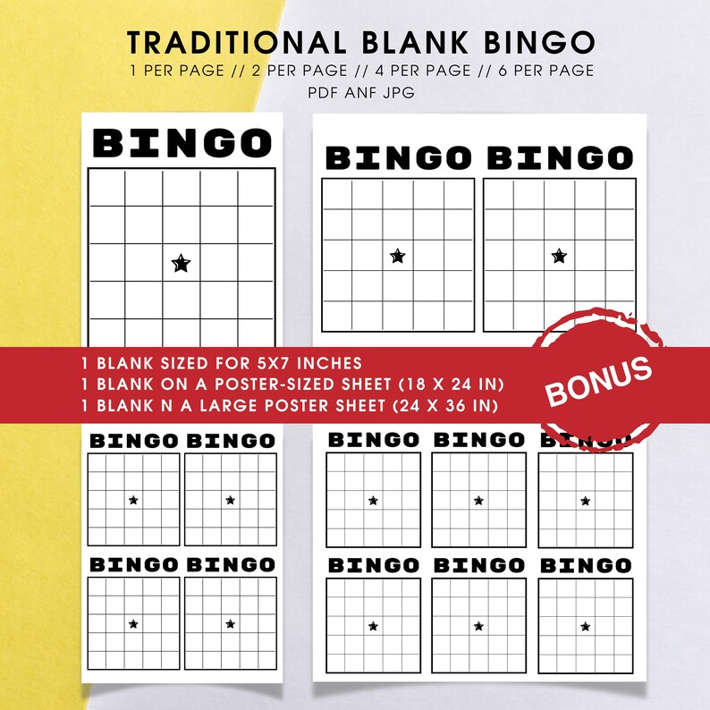 Printable Blank Bingo Card Template DIY | 1, 2, 4, and 6 per Page ...